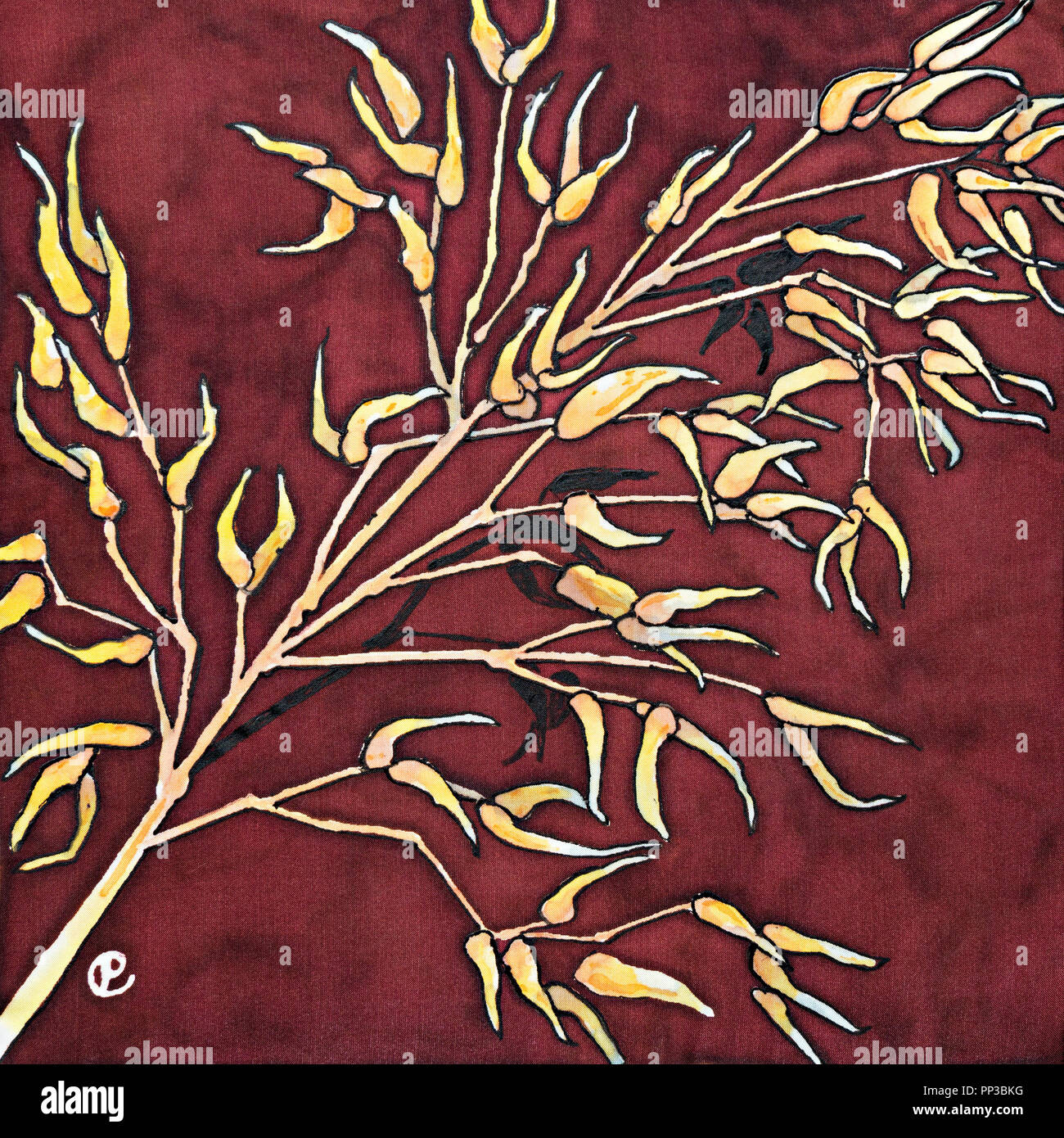 Photograph of silk painting of Oats using steam fixed dyes and black ...