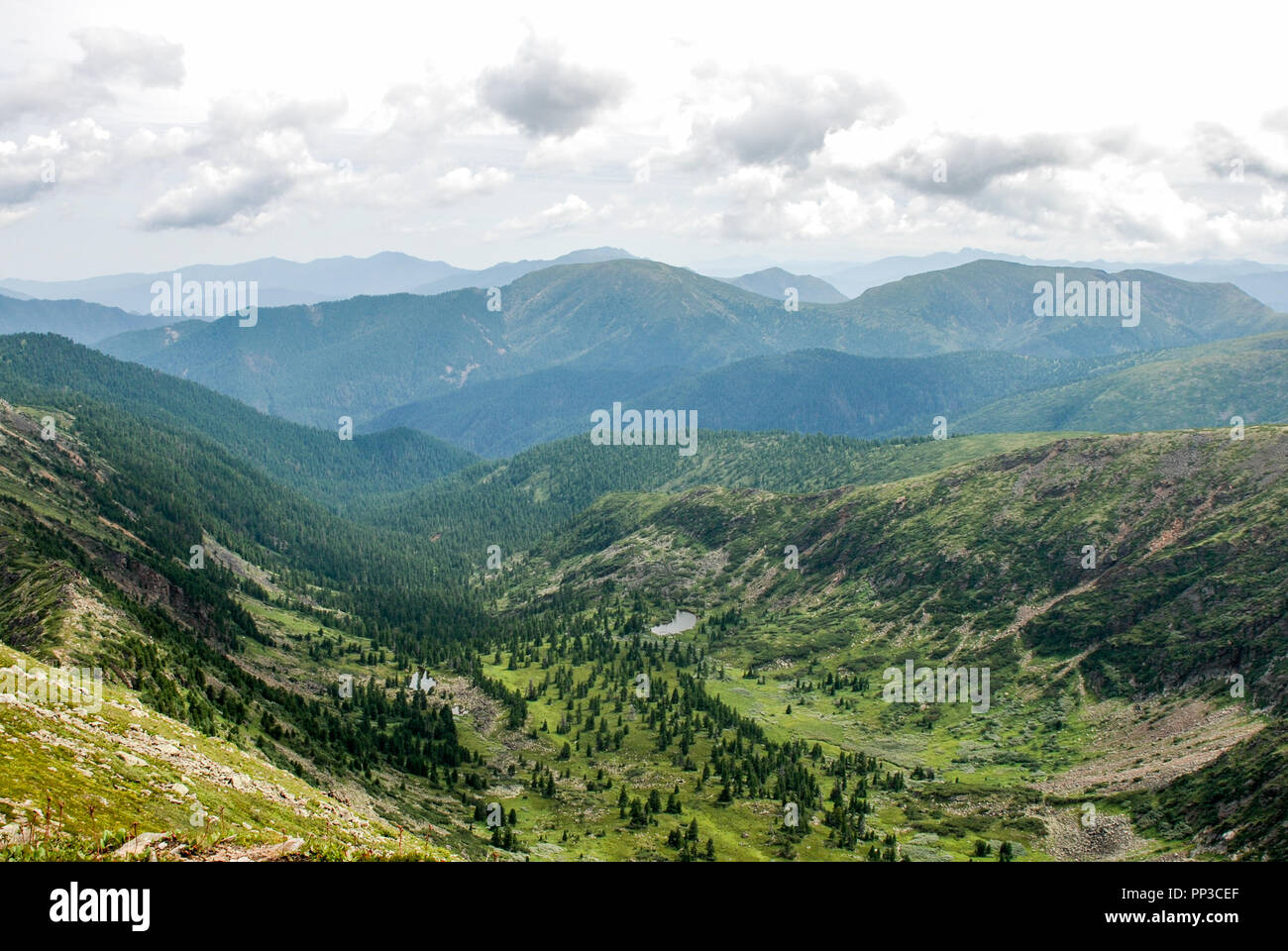 Mountain valley landscape on summertime with green trees and lakes with ...