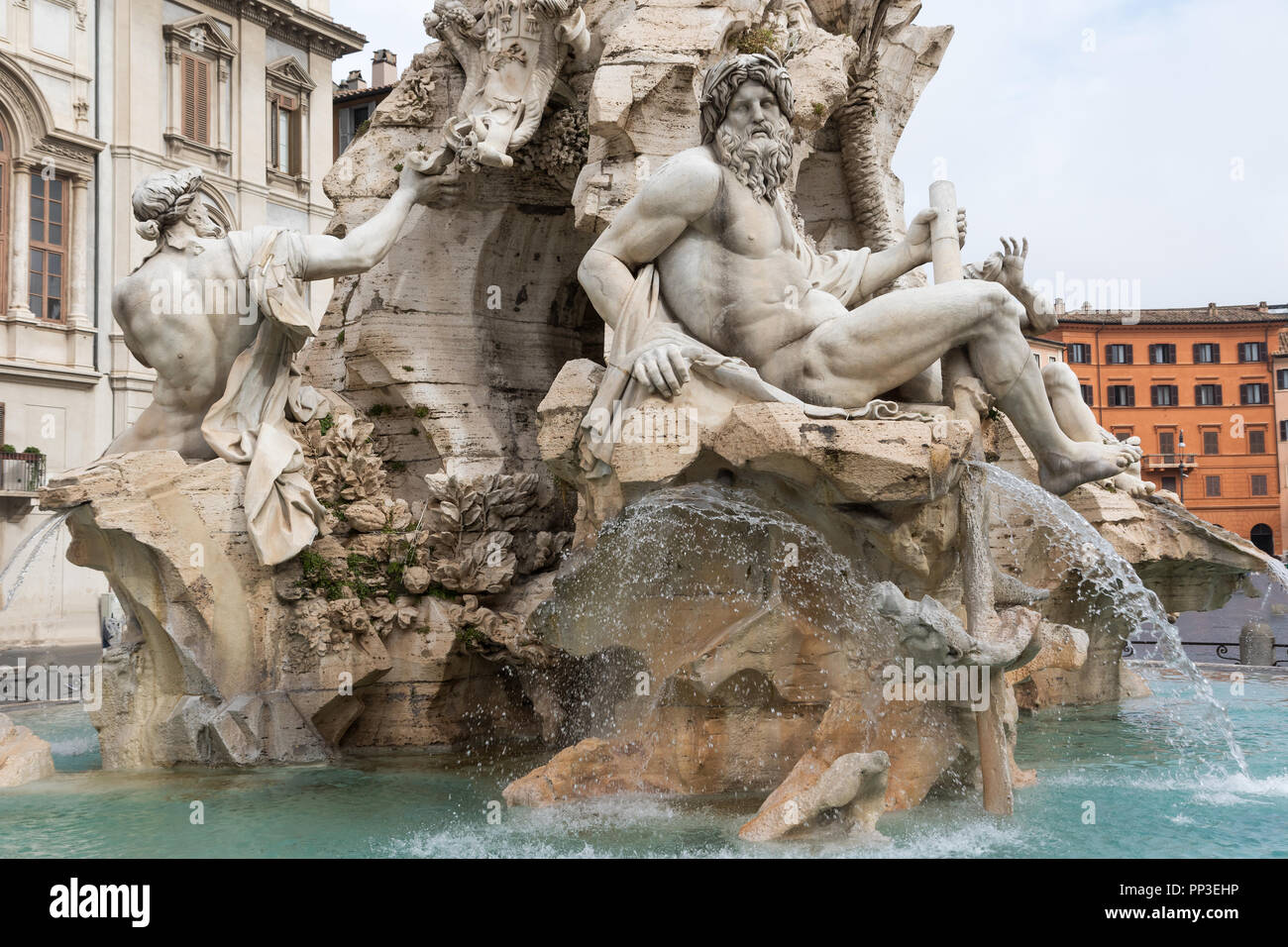 Bernini's Fountain of the Four Rivers in empty Navona Square. Rome ...