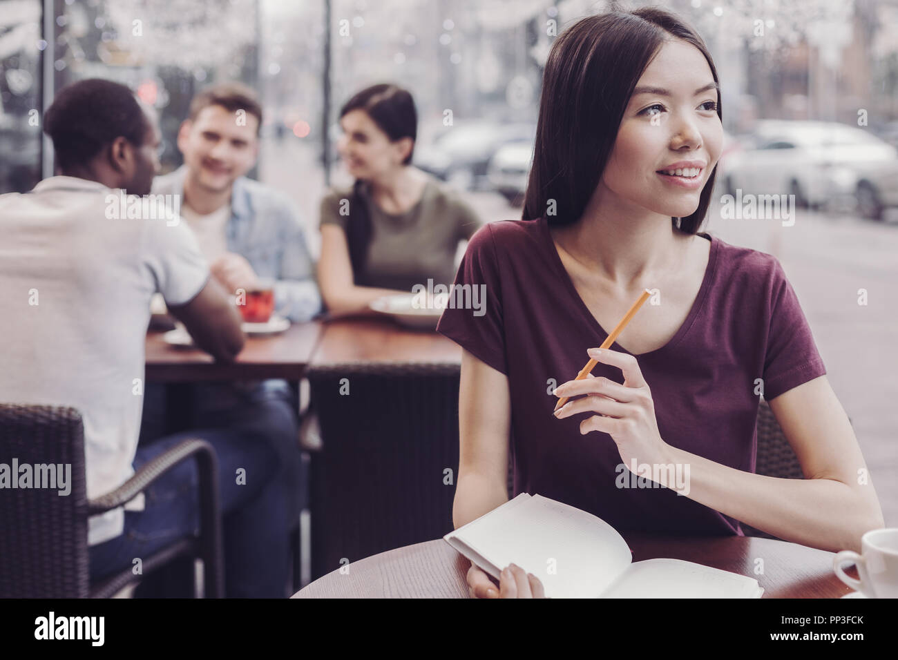 Beautiful female person having idea Stock Photo - Alamy