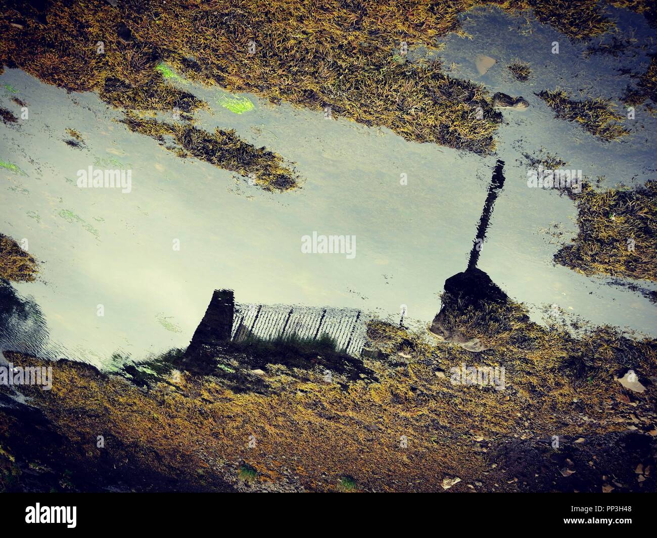 Reflection of a fence and a lamp post in a stream, Isle of Skye ...