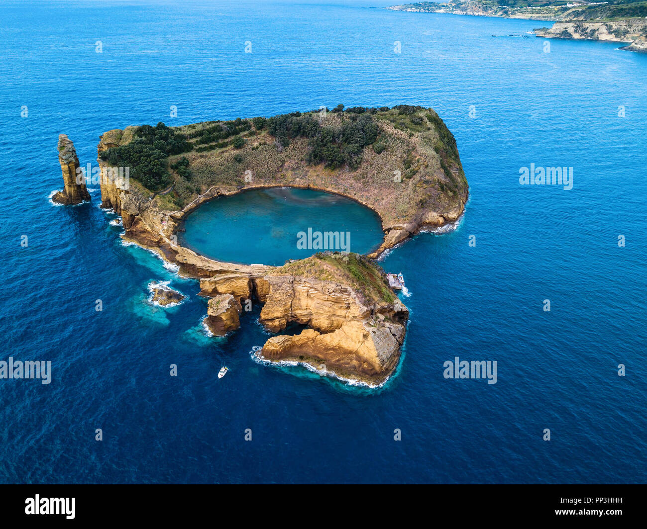 Top view of Islet of Vila Franca do Campo is formed by the crater of an ...