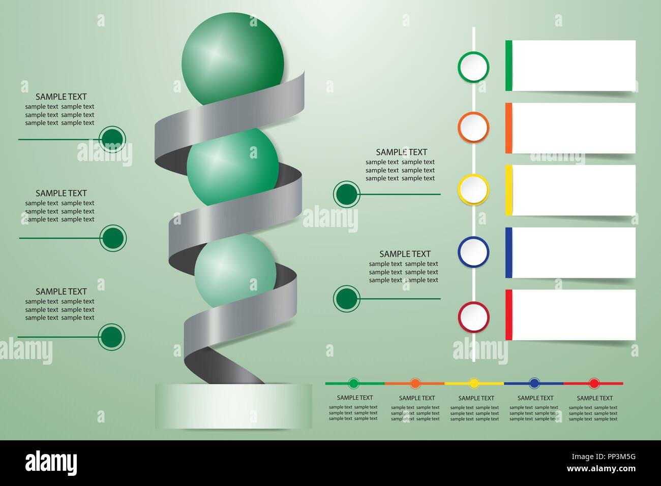 Infographic presentation of metal spiral with green balls showing five ...
