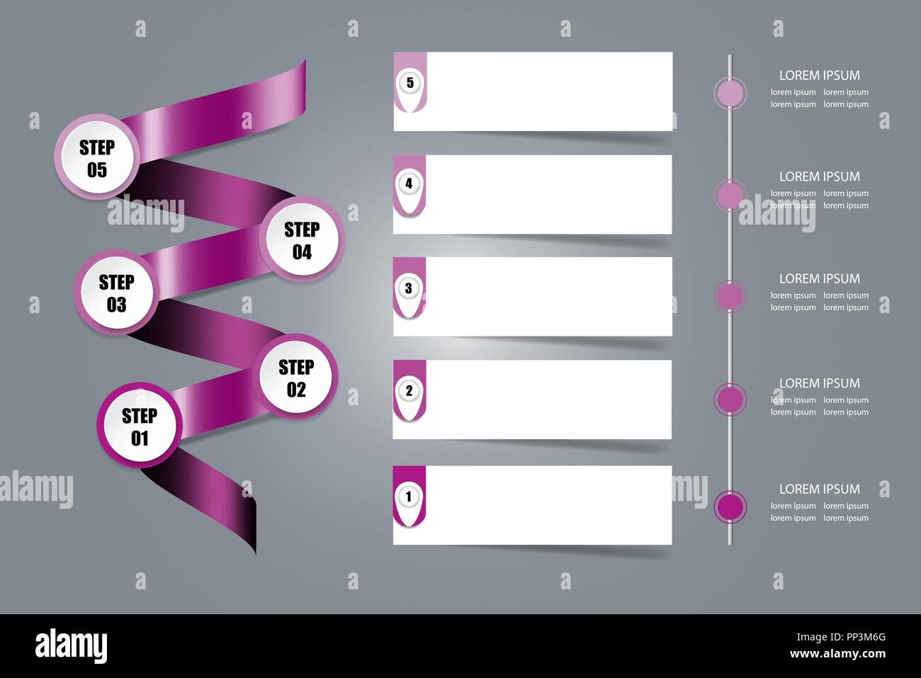 Infographic presentation of purple metal spiral showing five steps of ...