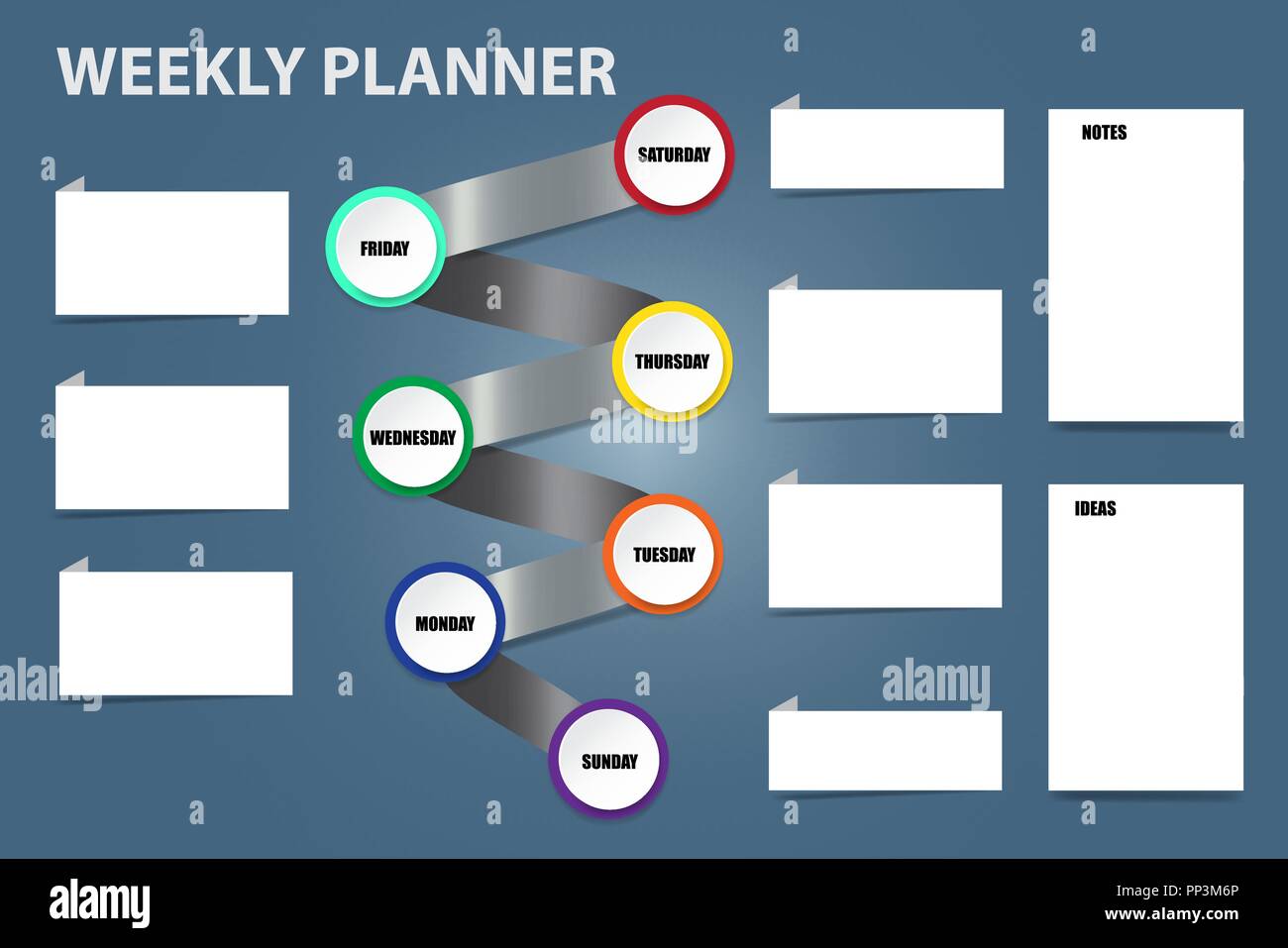 Weekly planner of metal spiral showing seven days and empty white notes ...