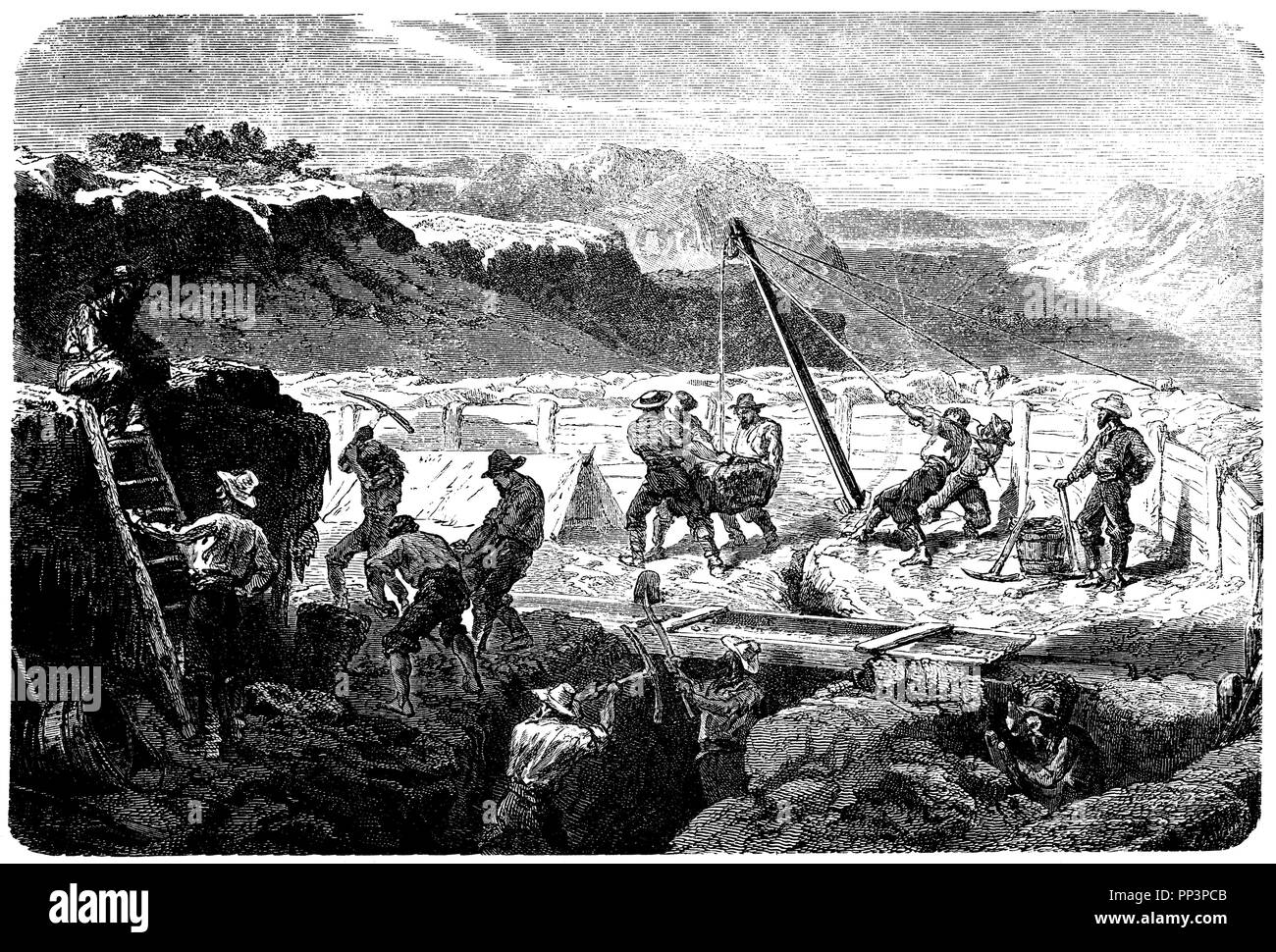 Gold extraction from pits via water pipe and sieve, 1872 Stock Photo ...