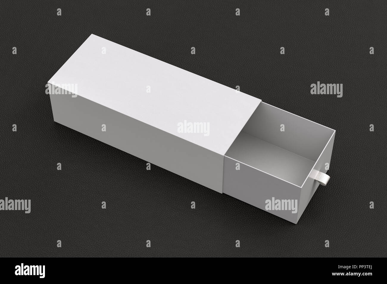 Open white blank empty long box on black leather background. 3d ...