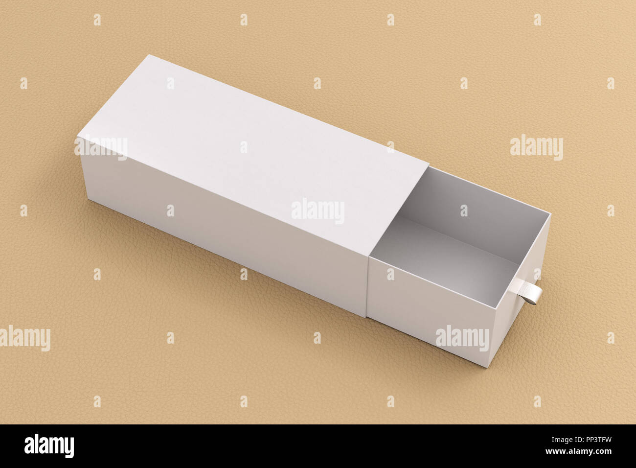 Open white blank empty long box on beige leather background. 3d ...