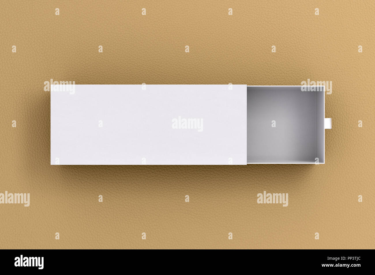 Open white blank empty long box on beige leather background. 3d ...