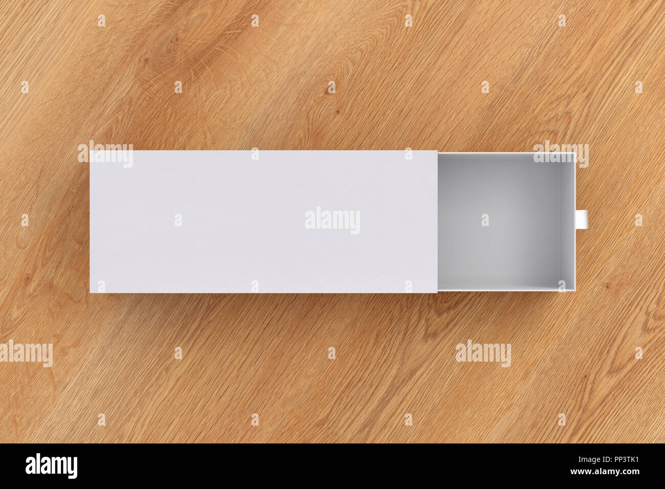 Open white blank empty long box on wooden background. 3d illustration ...