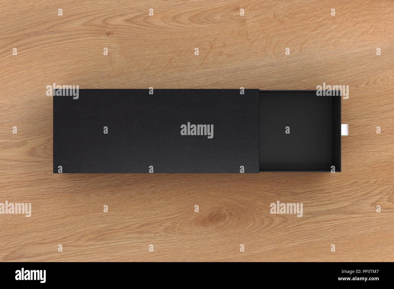 Open black blank empty long box on wooden background. 3d illustration ...