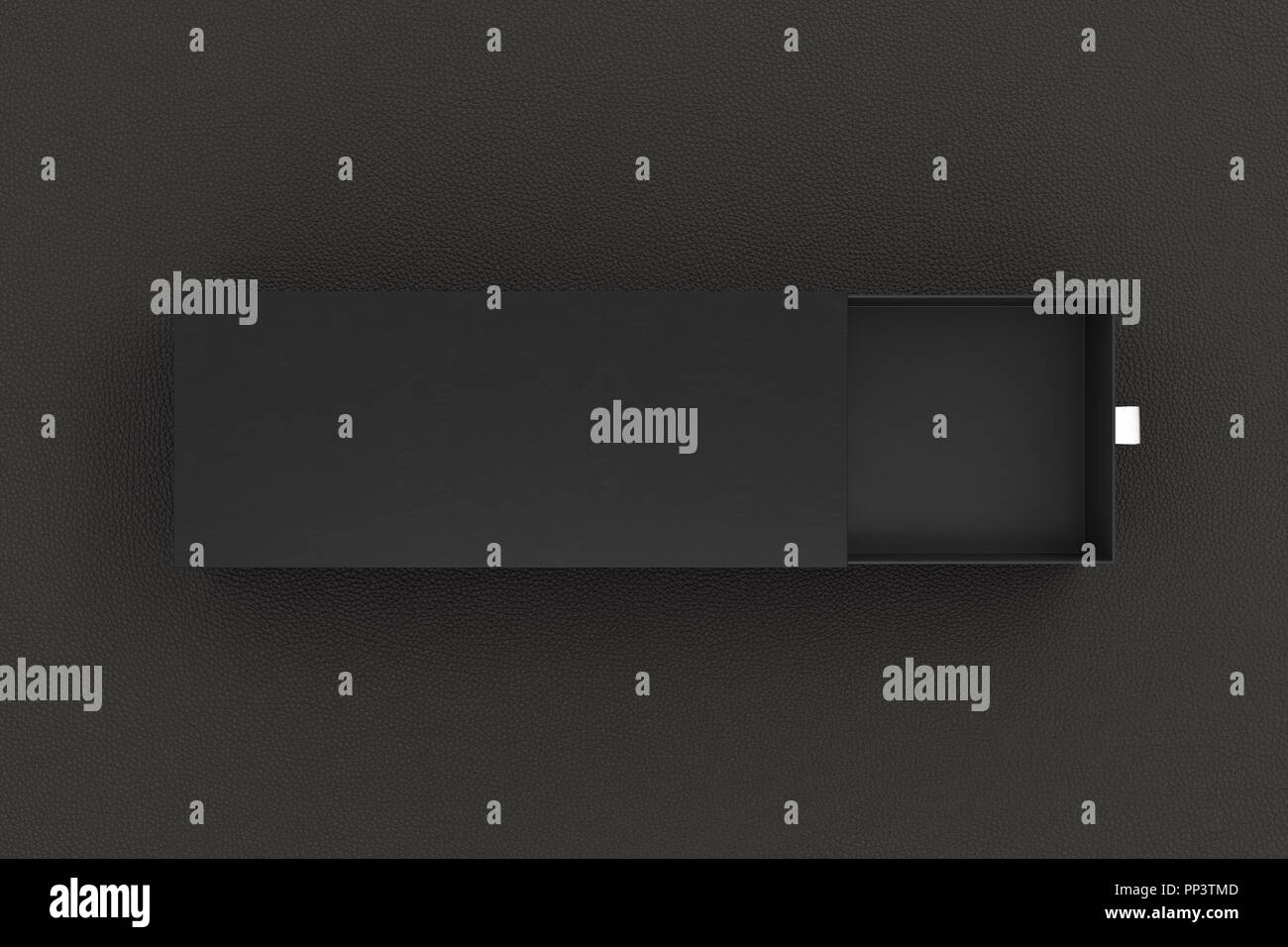 Open black blank empty long box on black leather background. 3d ...