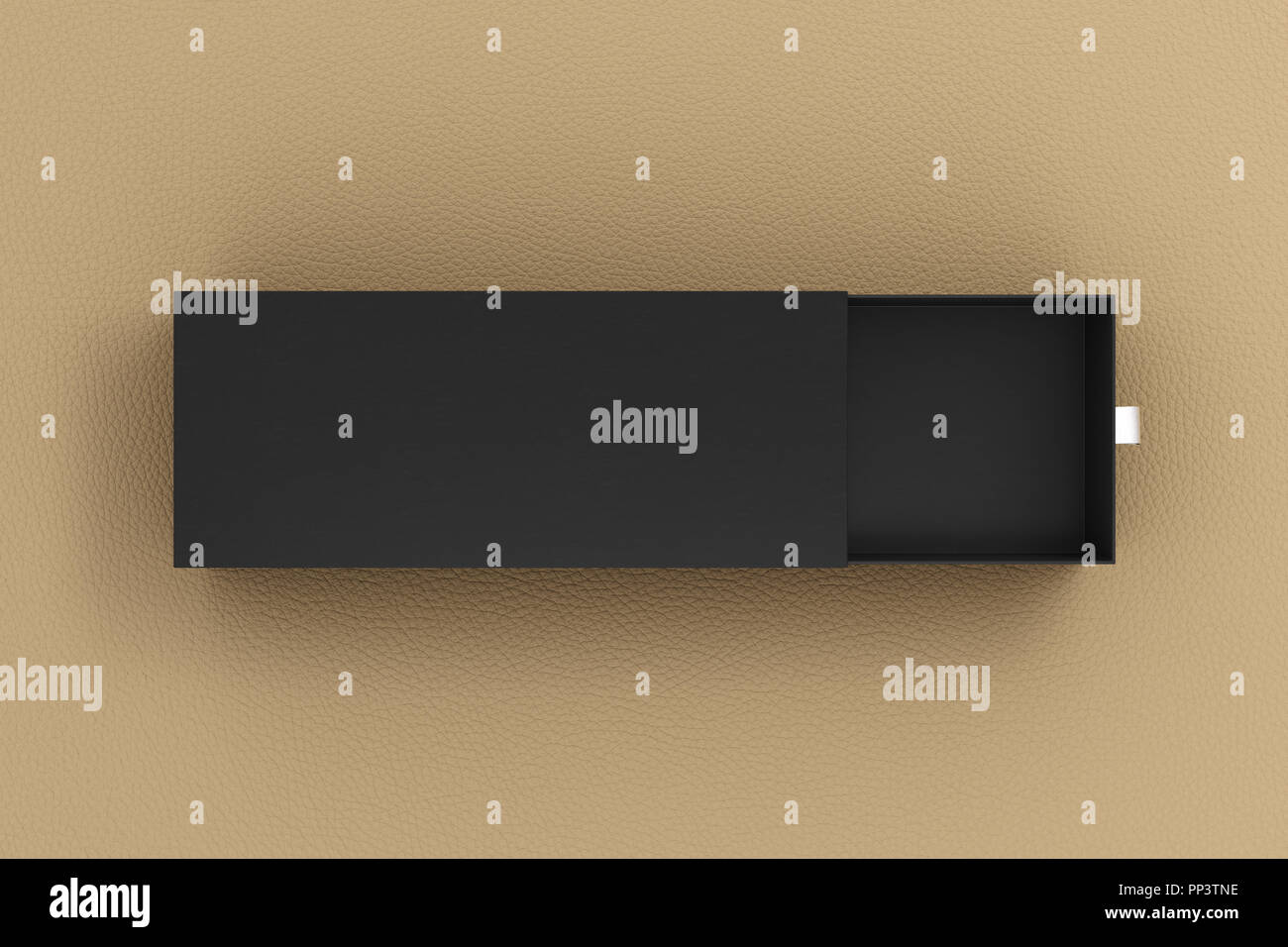 Open black blank empty long box on beige leather background. 3d ...