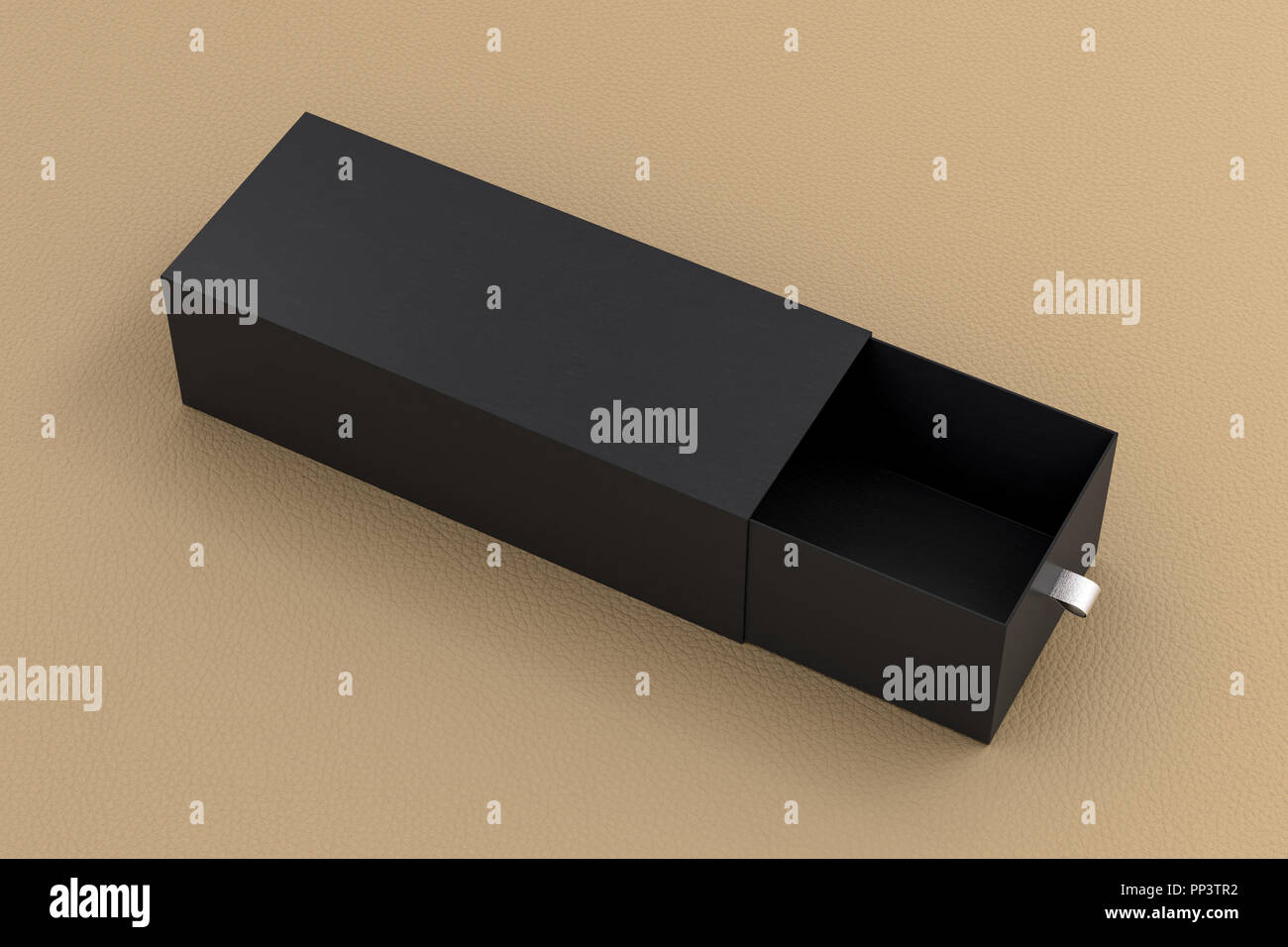 Open black blank empty long box on beige leather background. 3d ...
