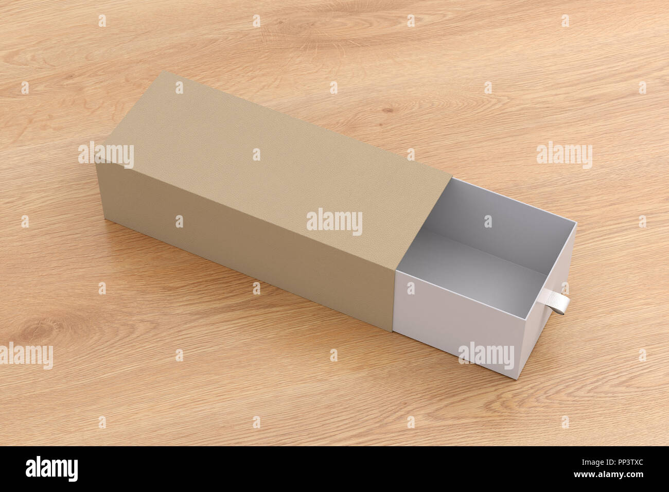 Open beige leather blank empty long box on wooden background. 3d ...
