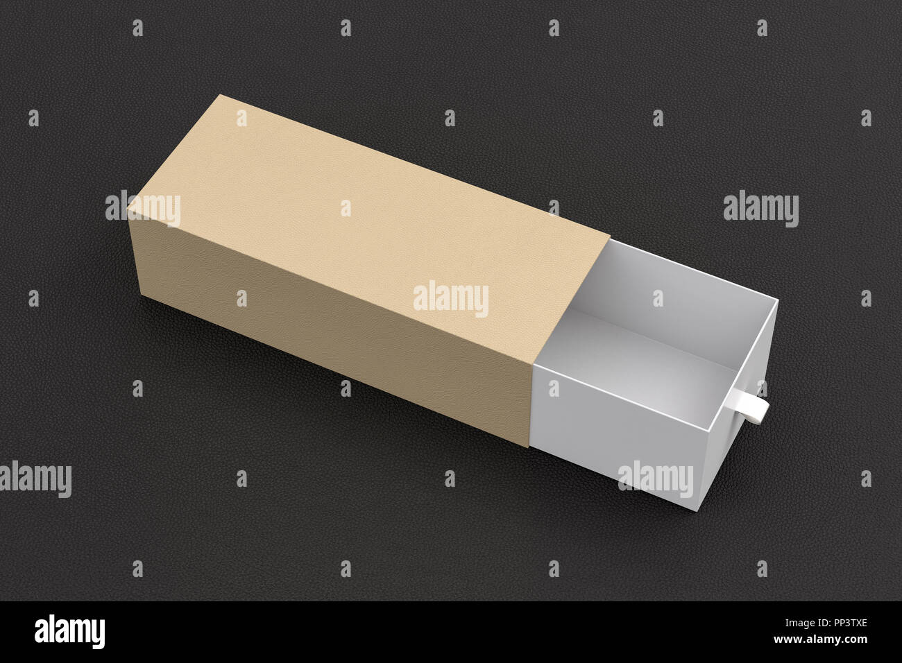 Open beige leather blank empty long box on black leather background. 3d ...
