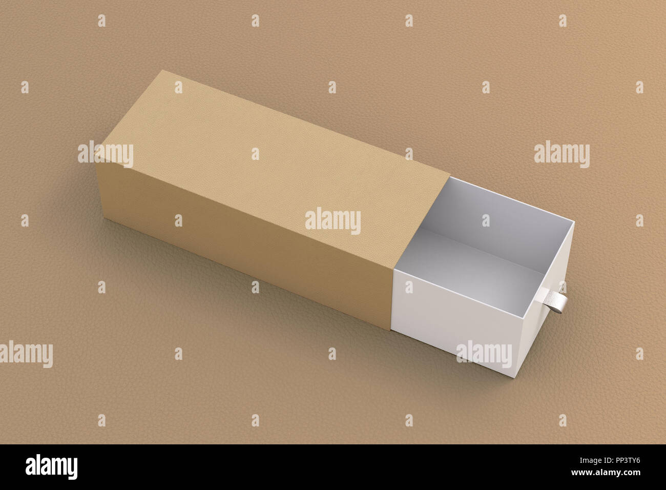 Open beige leather blank empty long box on beige leather background. 3d ...