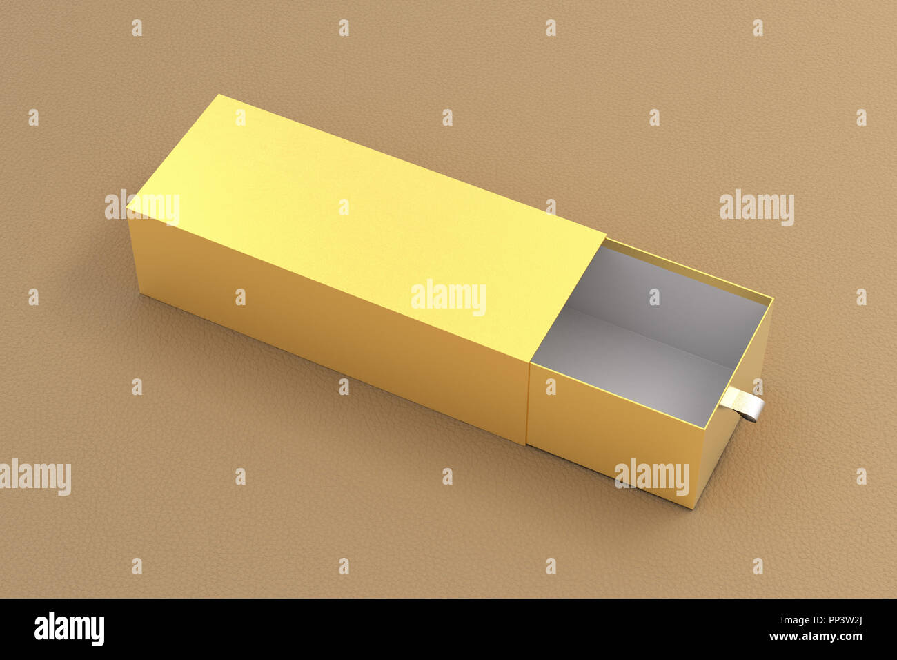 Open golden blank empty long box on beige leather background. 3d ...