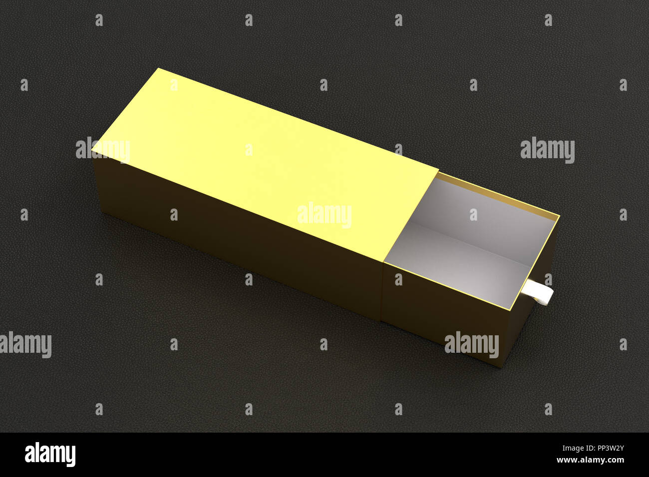 Open golden blank empty long box on black leather background. 3d ...