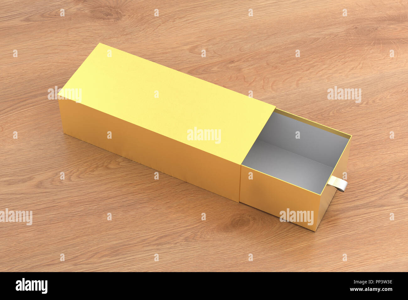 Open golden blank empty long box on wooden background. 3d illustration ...