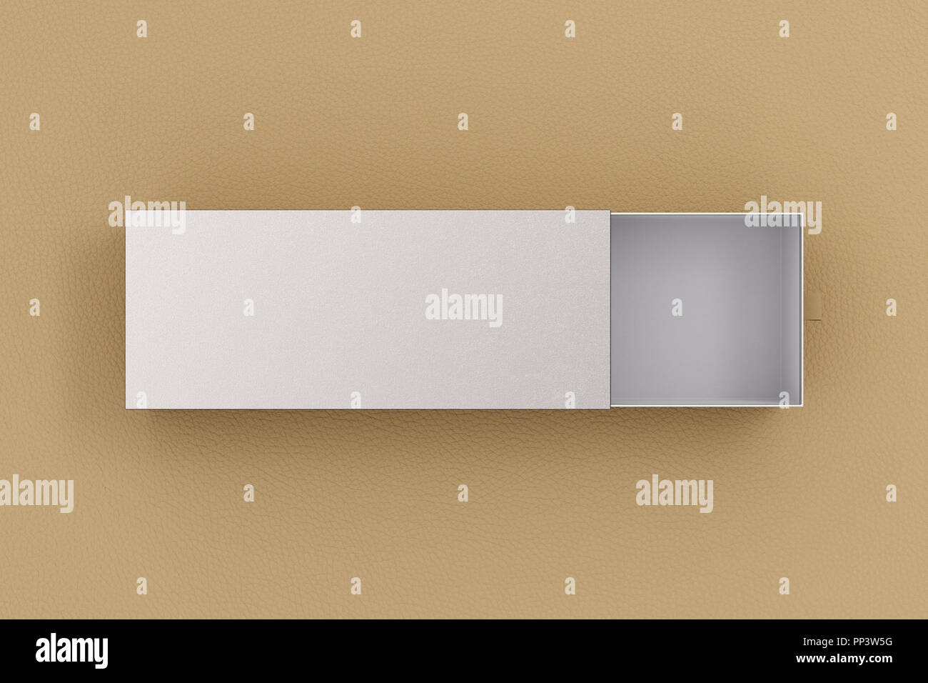 Open silver blank empty long box on beige leather background. 3d ...