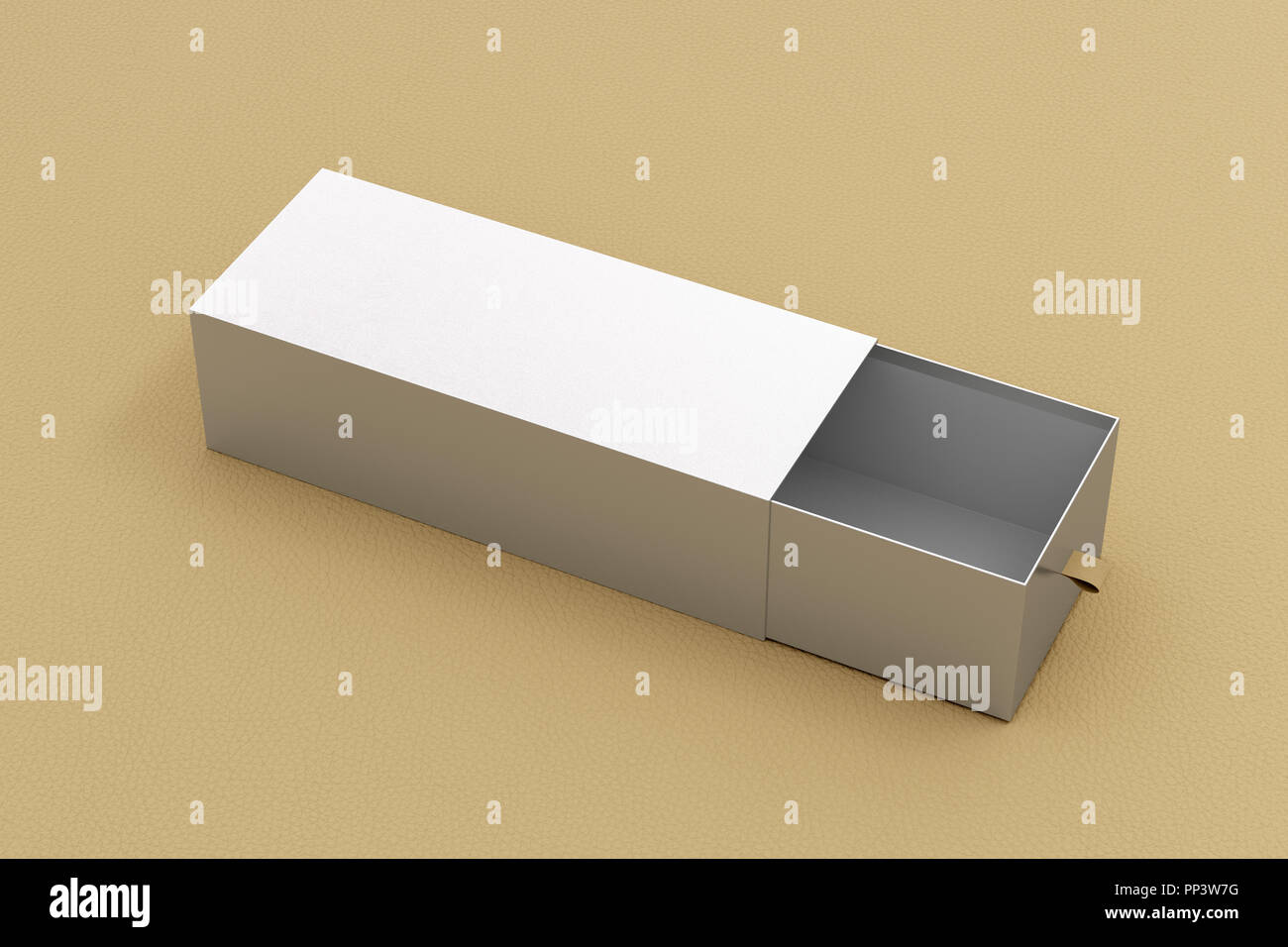 Open silver blank empty long box on beige leather background. 3d ...