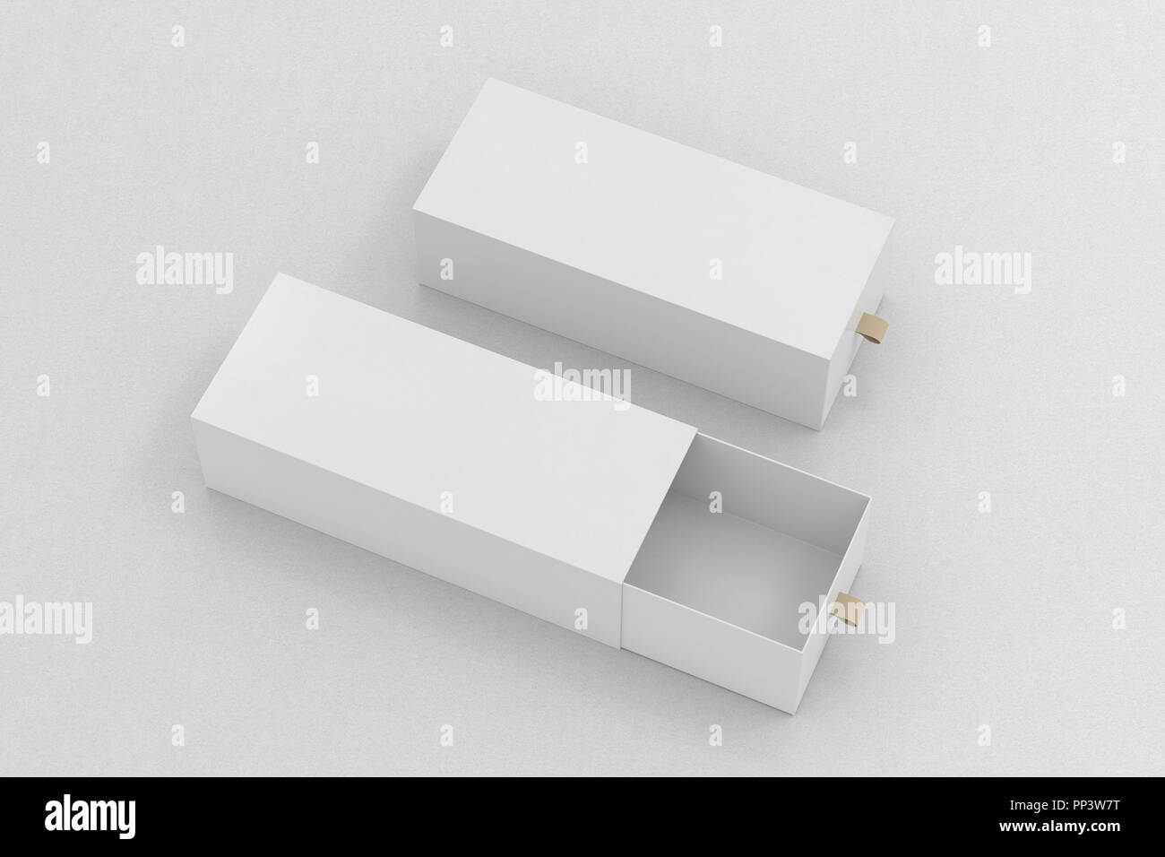 Open and closed white blank empty long boxes on white background. 3d ...