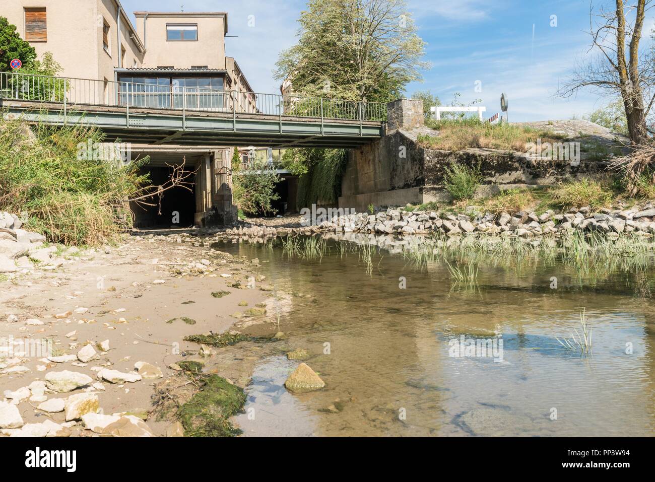 Low water in Regensburg and dry water channel on the Danube, Germany ...