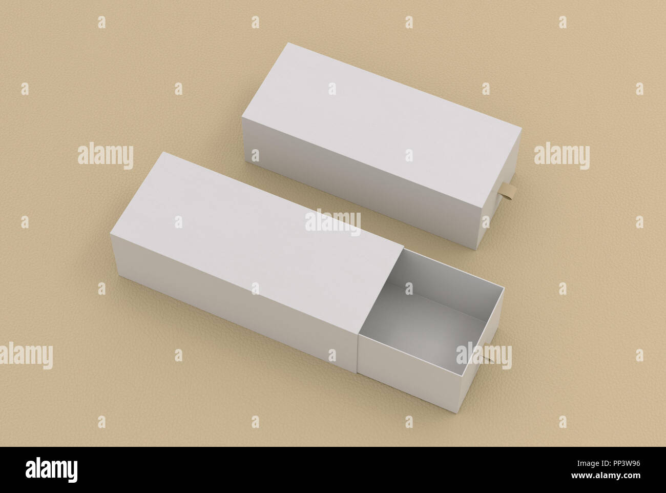 Open and closed white blank empty long boxes on beige leather ...