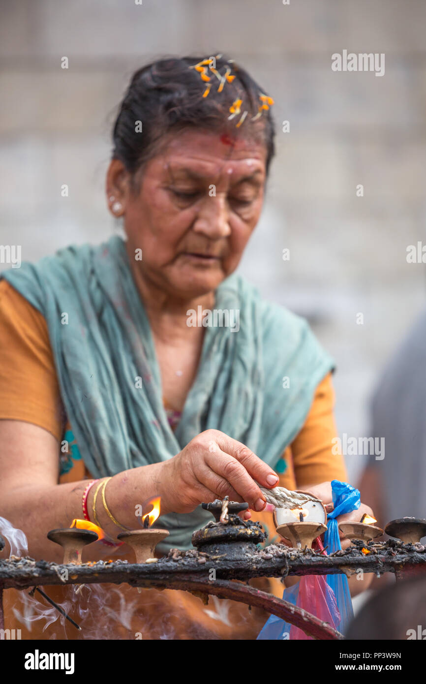 Kathmandu,Nepal - Sep 08,2018: Hindu woman offering prayers to god ...