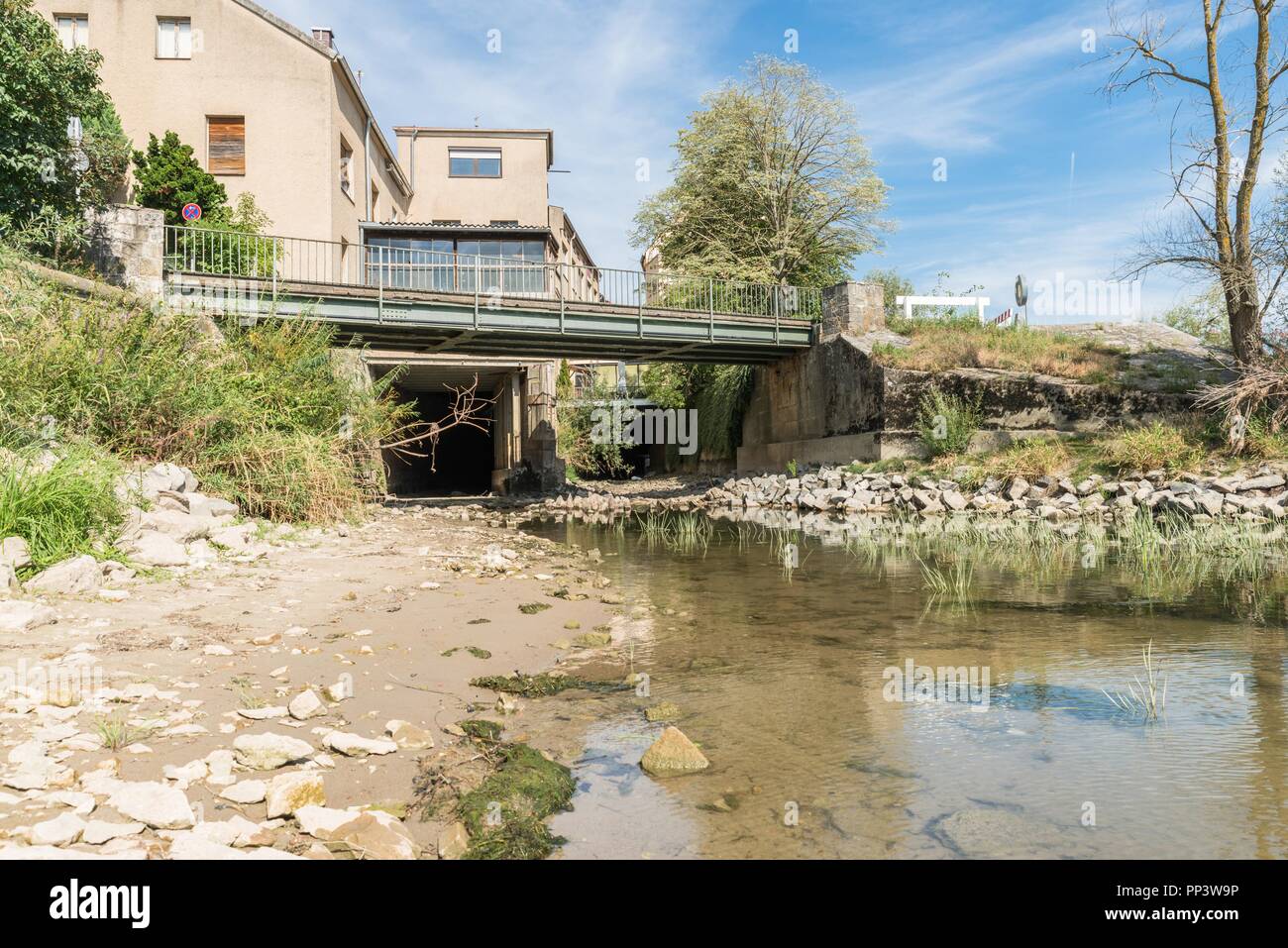 Low water in Regensburg and dry water channel on the Danube, Germany ...