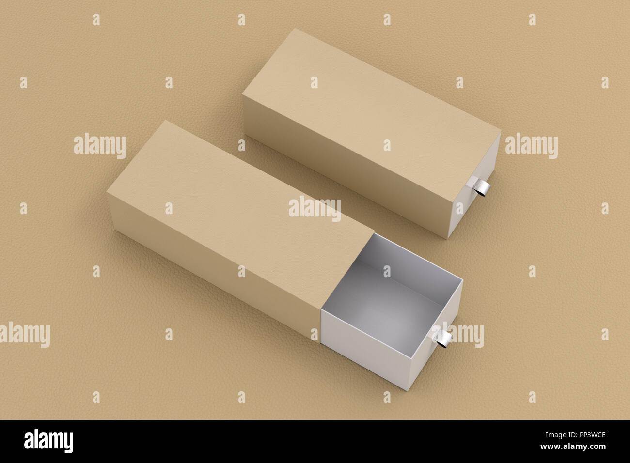 Open and closed beige leather blank empty long boxes on beige leather ...