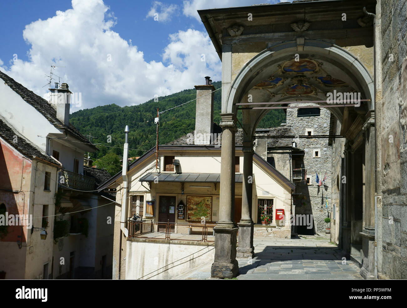 Historic center of town Varzo, Church entrance, Valle Divedro, Piedmont ...