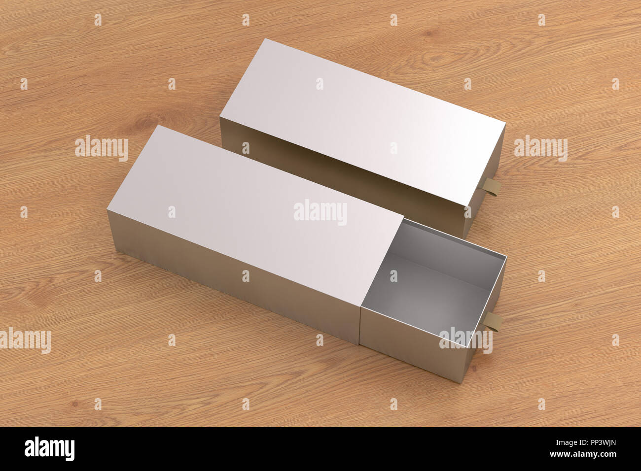 Open and closed silver blank empty long boxes on wooden background. 3d ...