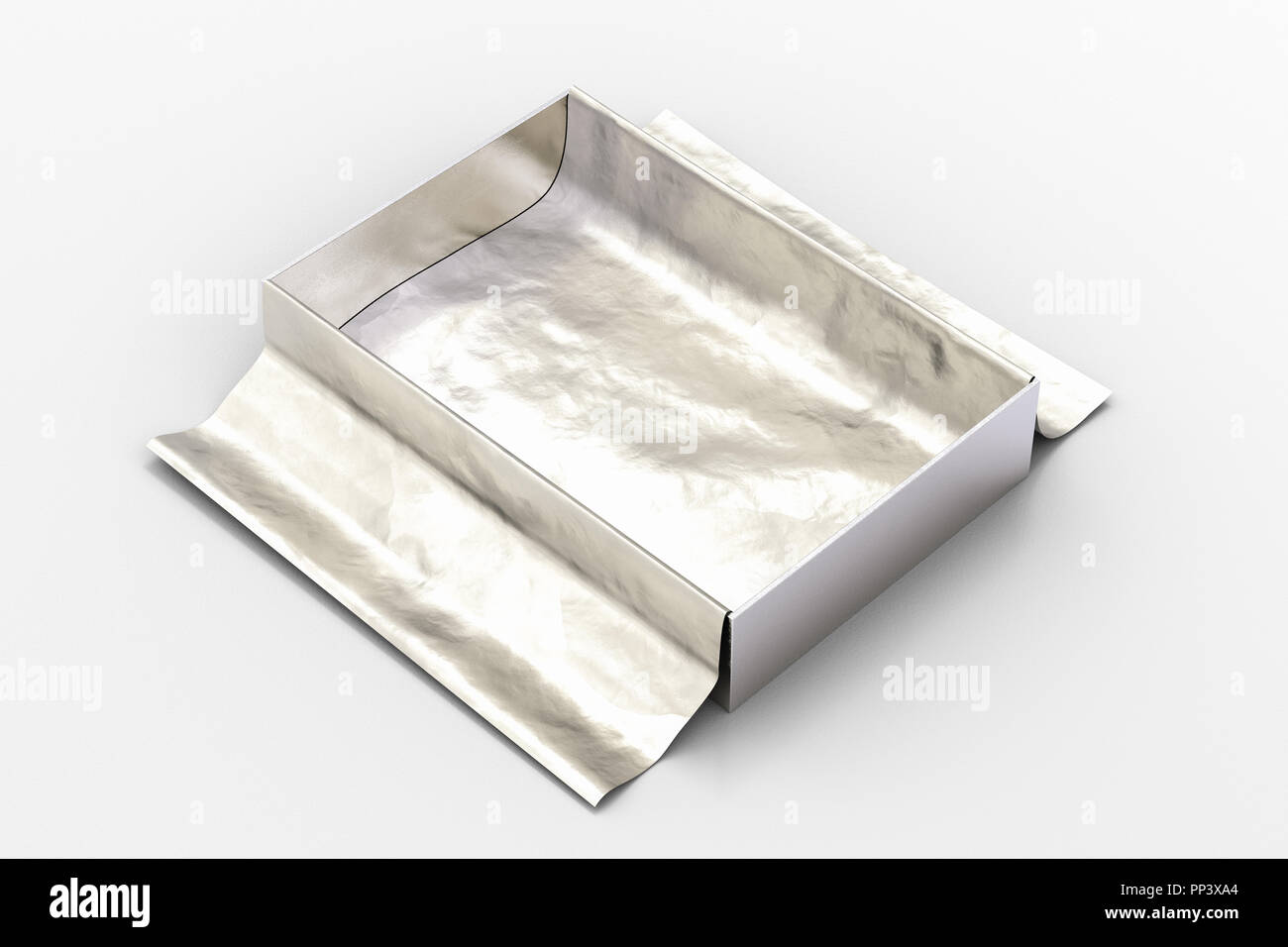 Silver open gift box mockup on white background with unfolded silver ...