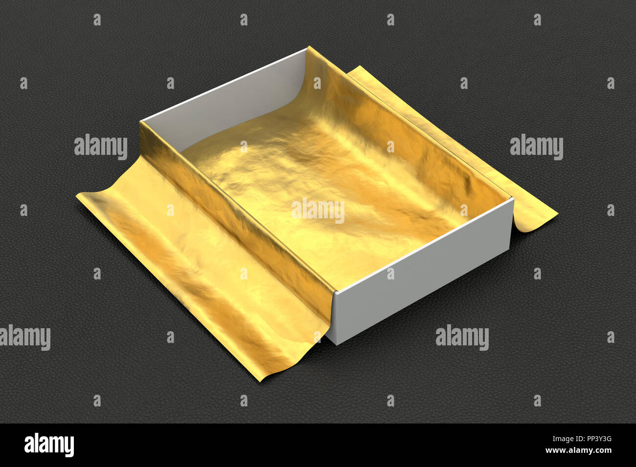 White open gift box mockup on black background with unfolded golden ...