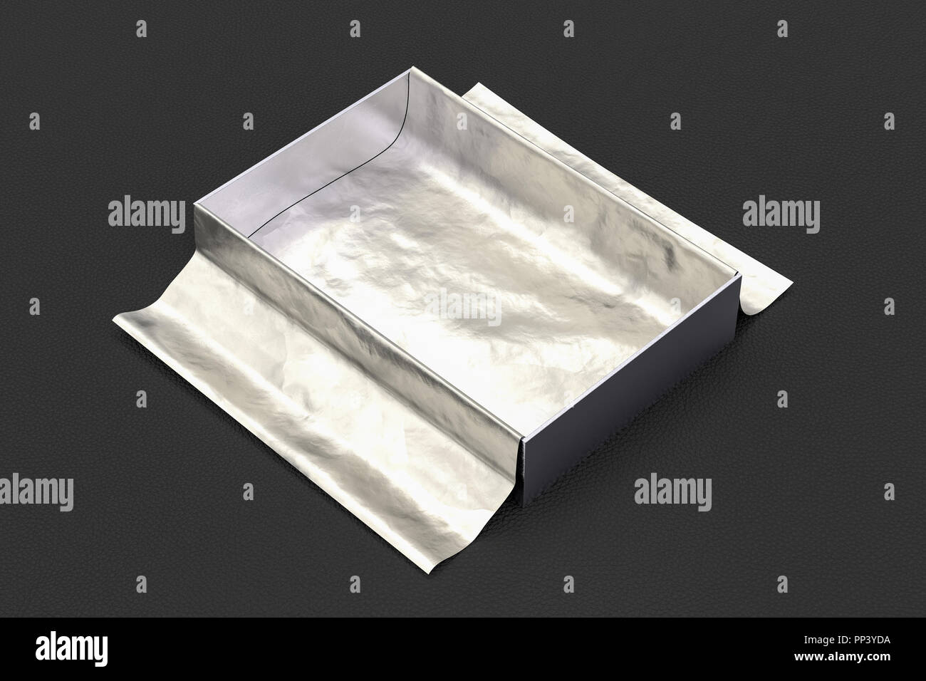 Silver open gift box mockup on black background with unfolded silver ...