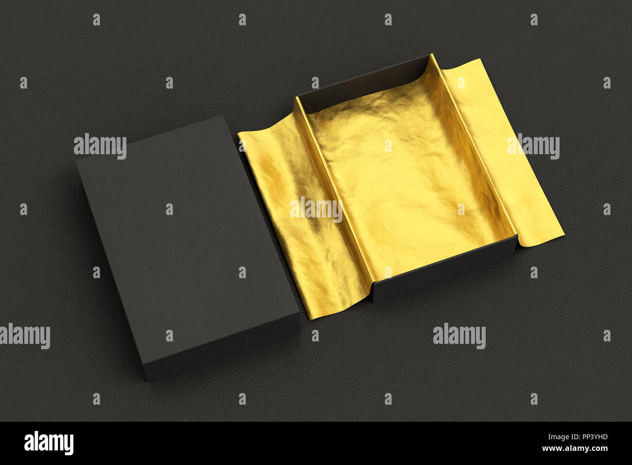 Black open gift box mockup on black background with unfolded golden ...
