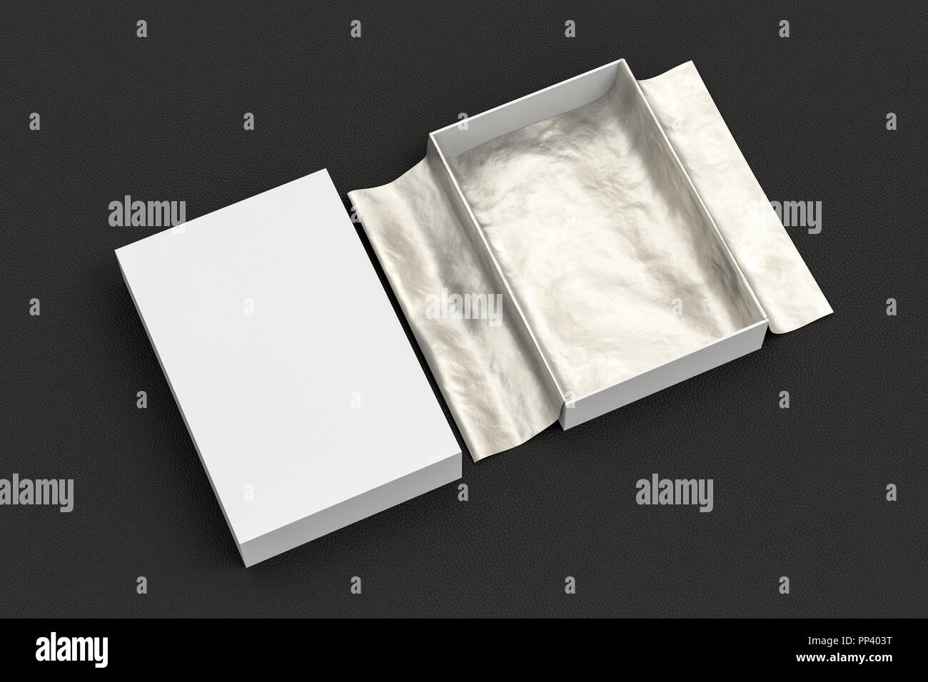White open gift box mockup on black background with unfolded silver ...
