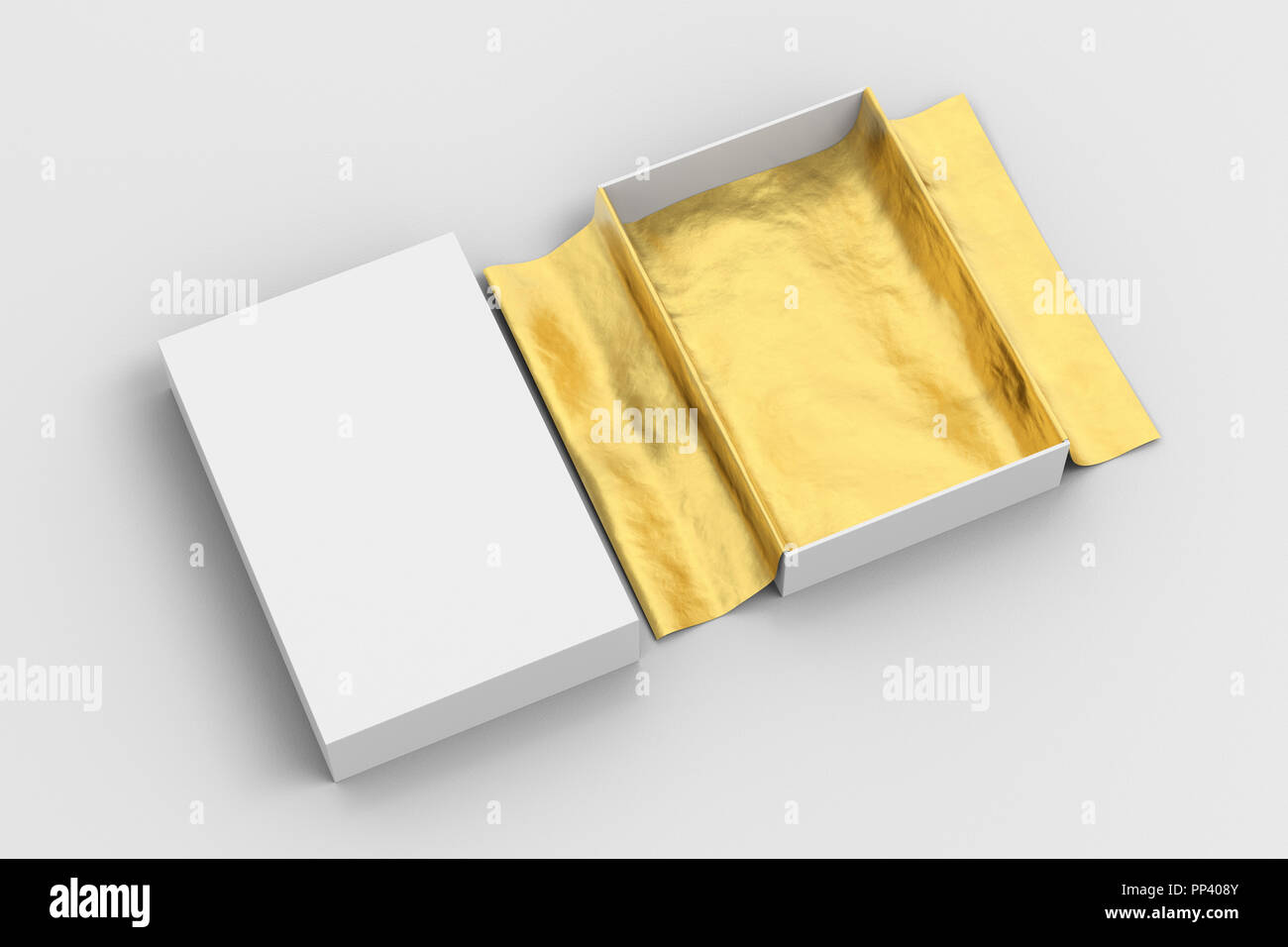 White open gift box mockup on white background with unfolded golden ...