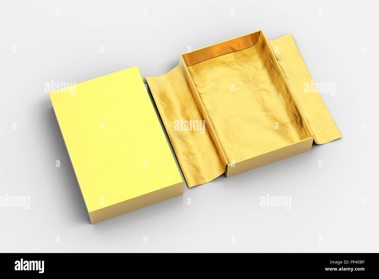 Golden open gift box mockup on white background with unfolded golden ...
