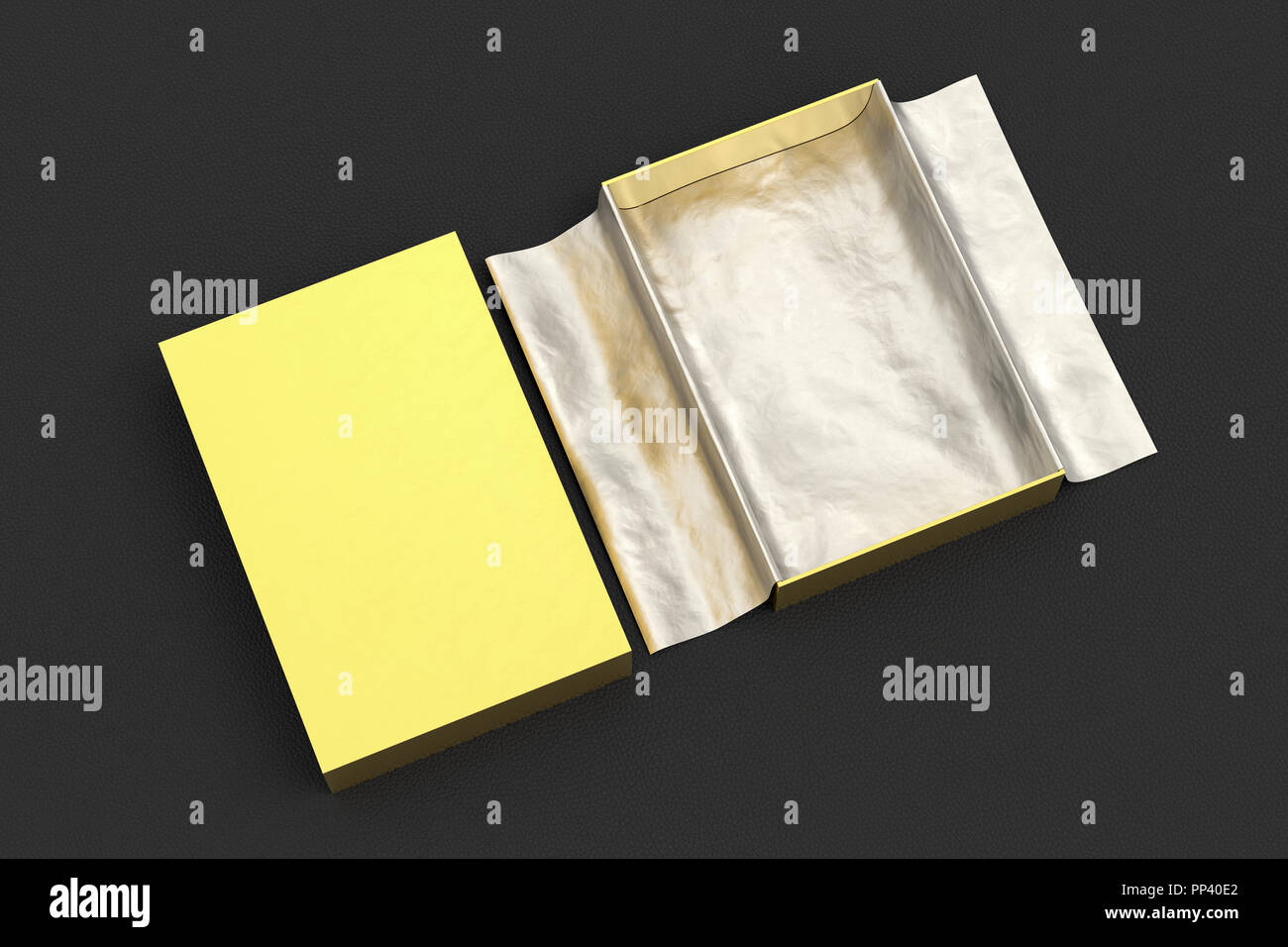 Golden open gift box mockup on black background with unfolded silver ...