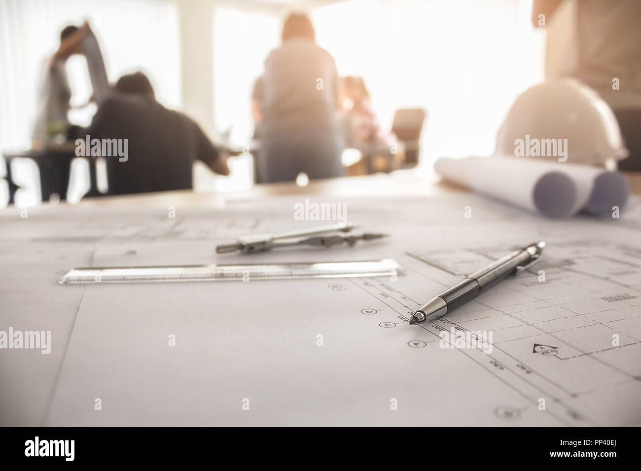 Image of engineering objects on workplace top view.Construction concept ...