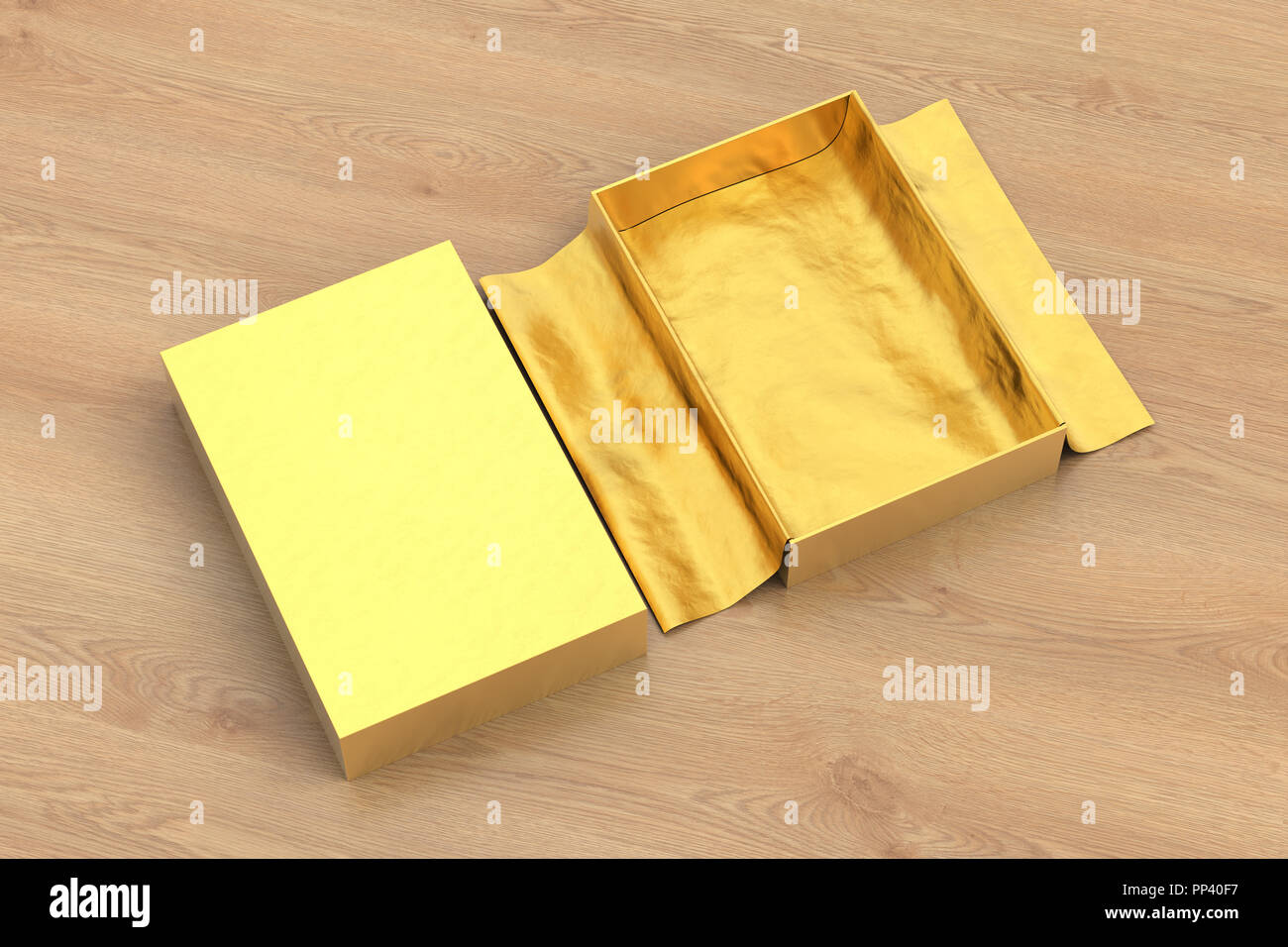 Golden open gift box mockup on wooden background with unfolded golden ...
