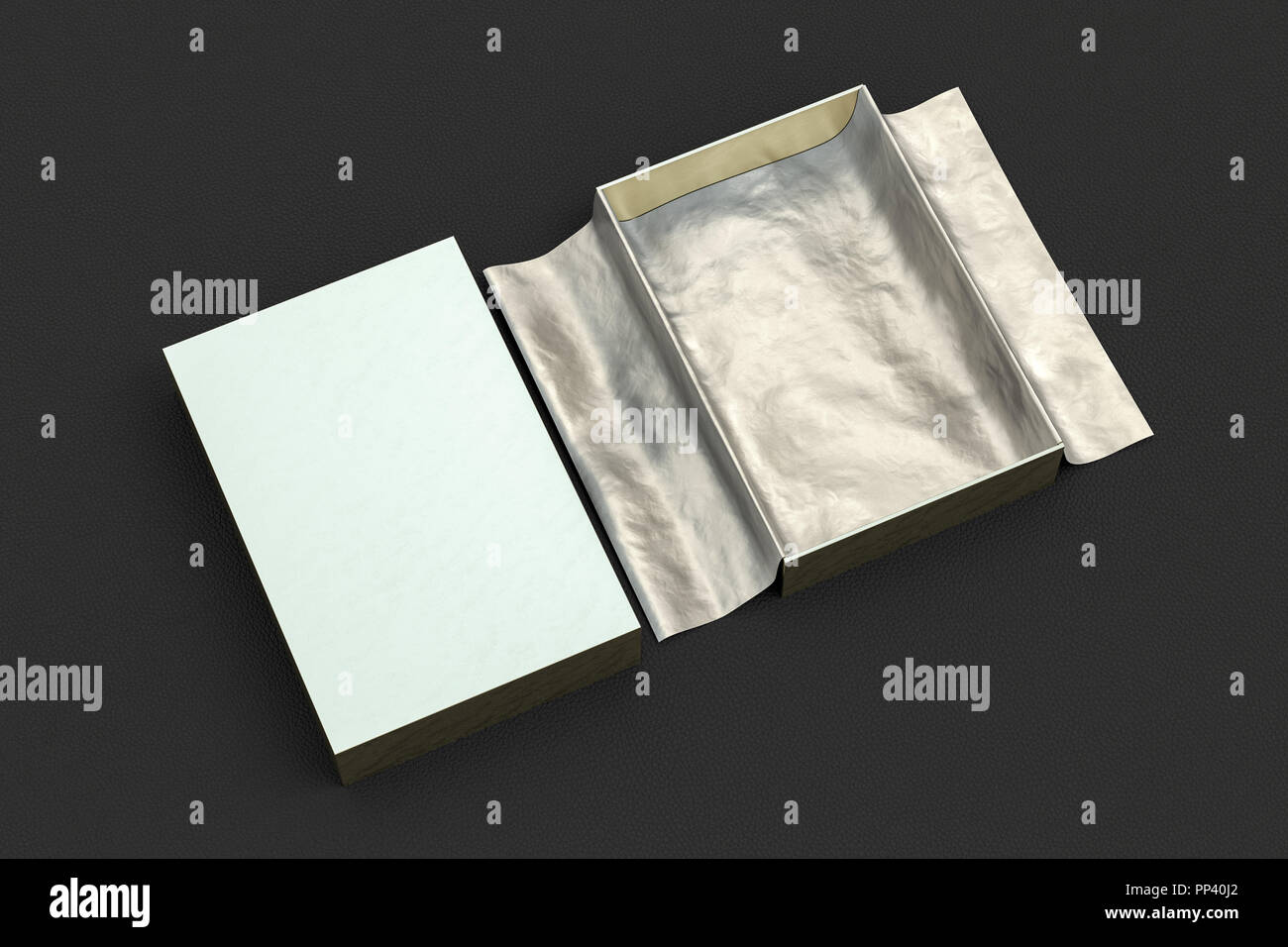 Silver open gift box mockup on black background with unfolded silver ...