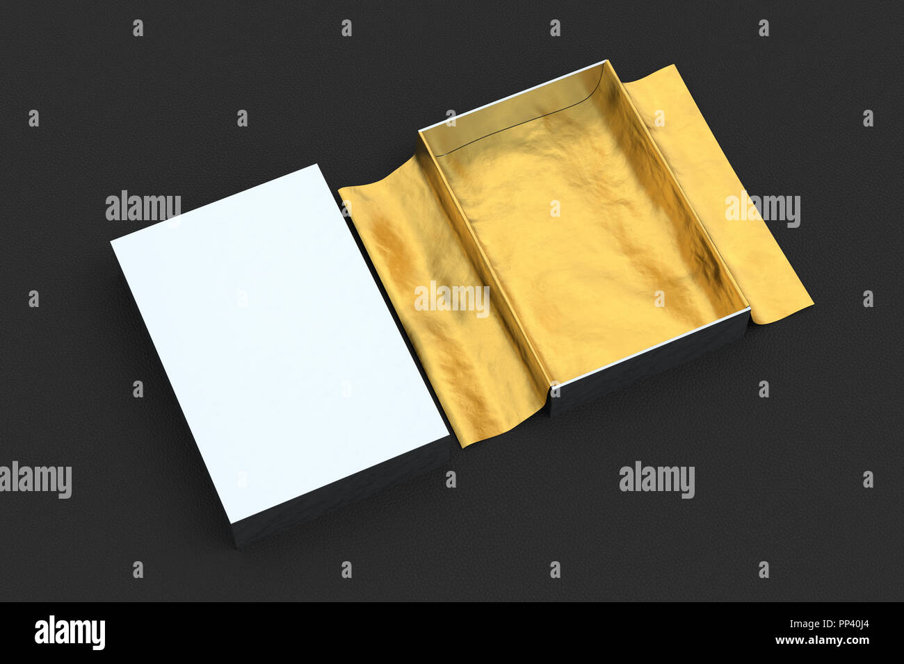 Silver open gift box mockup on black background with unfolded golden ...