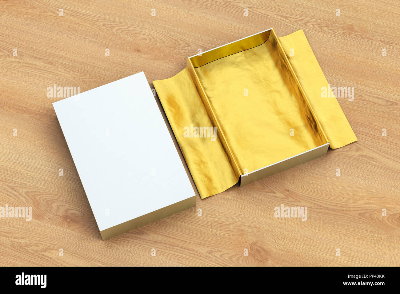 Silver open gift box mockup on wooden background with unfolded golden ...