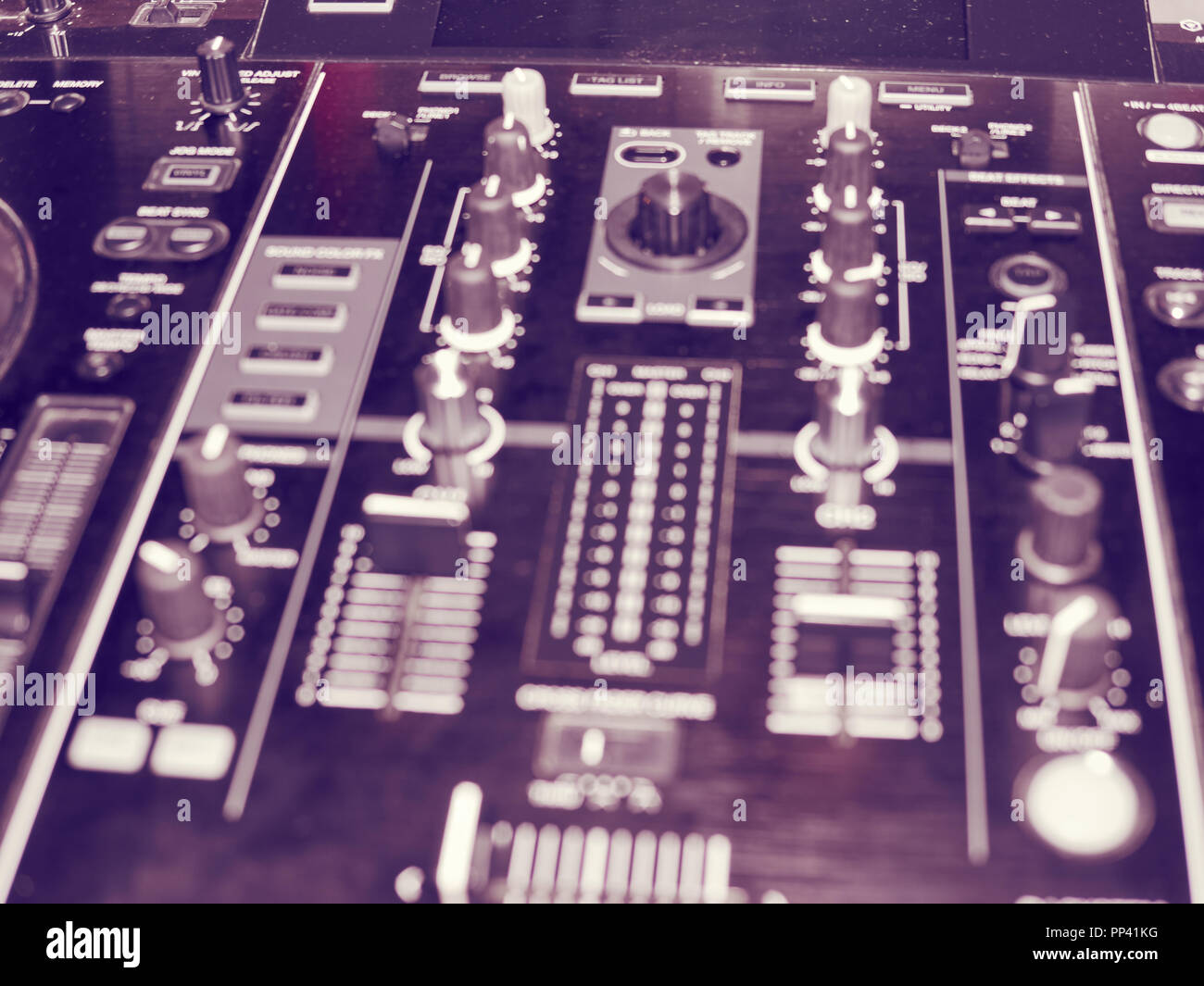 Sound mixing console detail, close up. DJ professional music console ...
