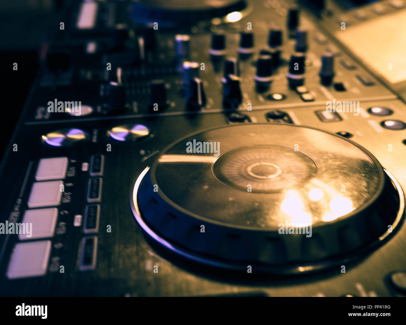 Sound mixing console detail, close up. DJ professional music console ...