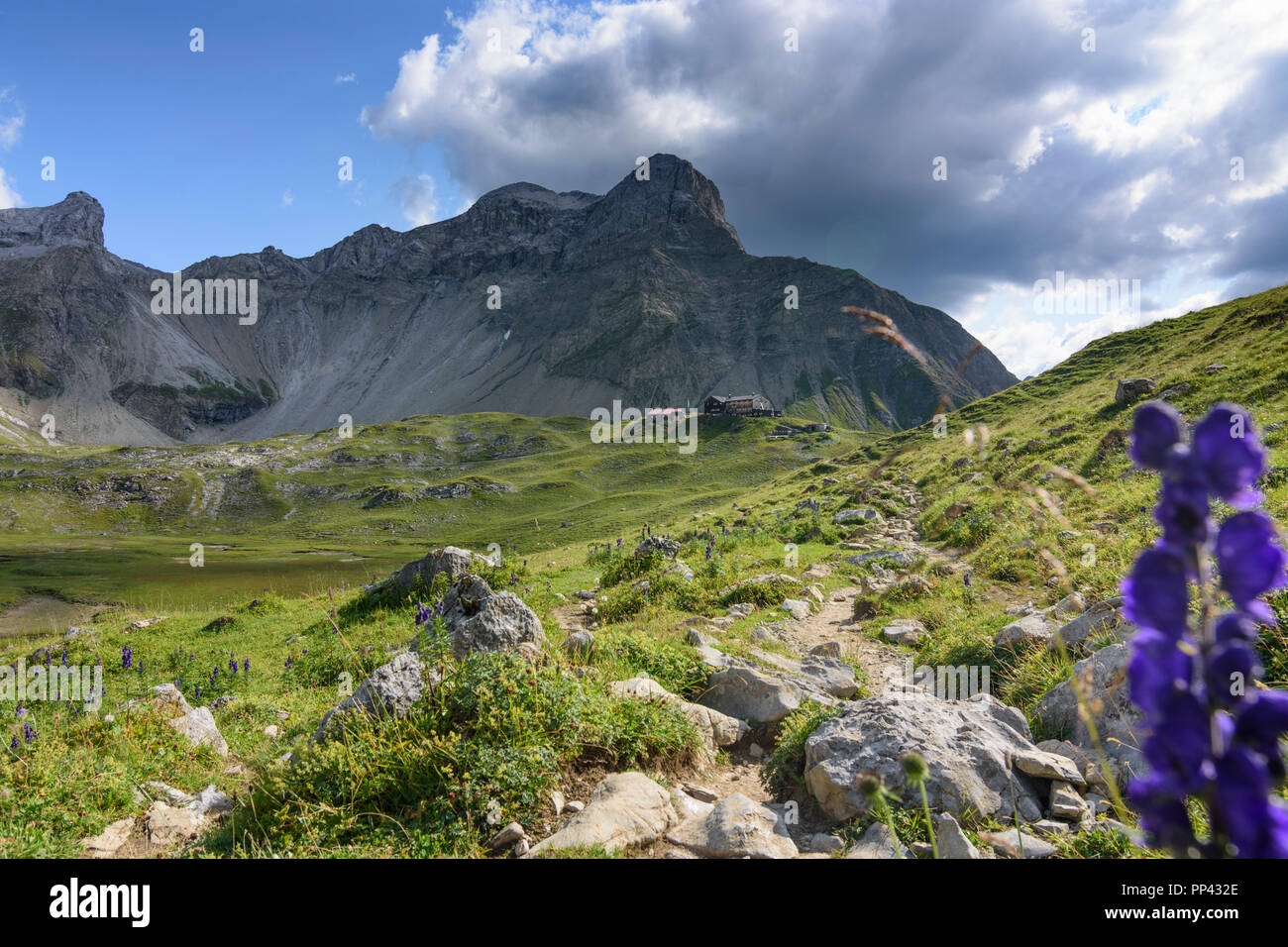 Lechtaler Alpen, Lechtal Alps: hiker at the way to mountain hut ...